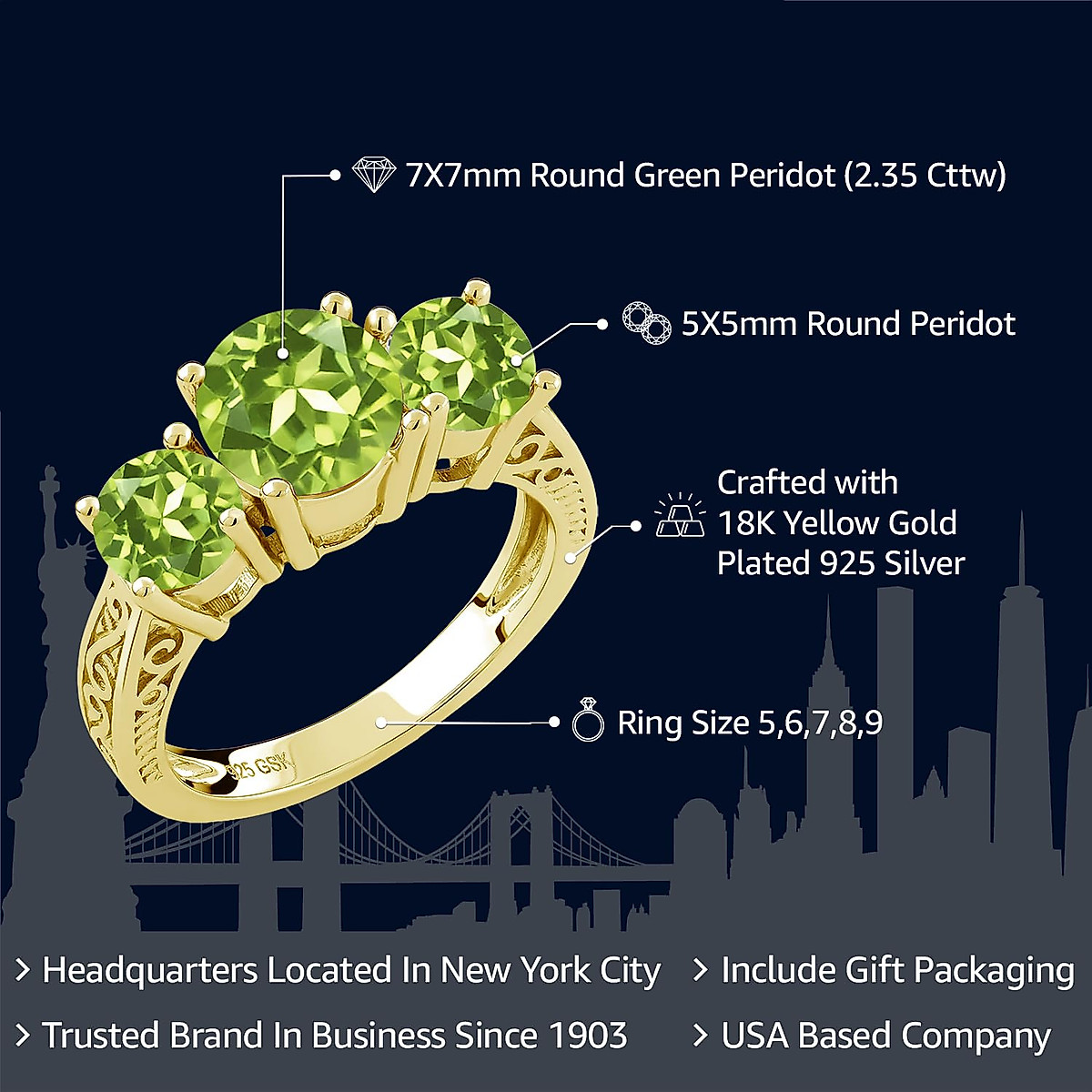 Gem Stone King 18K Yellow Gold Plated Silver Green Peridot 3-Stone Ring For Women (2.35 Cttw, Gemstone Birthstone, Available In Size 5, 6, 7, 8, 9)