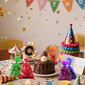 Colored Cellophane Treat Bags, 6x9 Inch 100 pcs Colorful Cellophane Bags with 100Pcs Twist Ties 2.5Mil Cello Bags for Party Favors