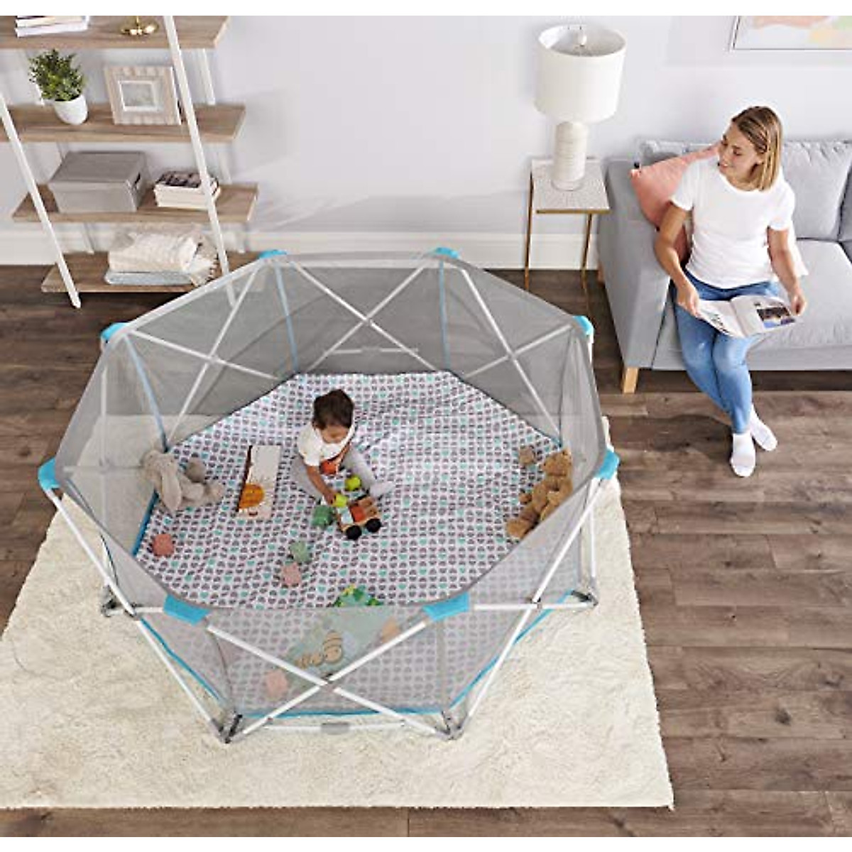 Regalo My Portable Play Yard Extra Large Deluxe with Removable Pad, Indoor and Outdoor, Bonus Kit, Teal, 8-Panel