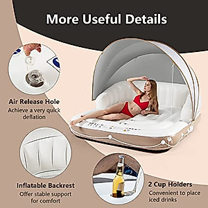 Giantex Canopy Island, Pool Float Canopy w/SPF50+ Retractable Detachable Sunshade, Canopy Float Adult w/2 Cup Holders High Backrest Armrest, 71" x 71" Canopy Island Inflatable Lounge, Load 440LBS