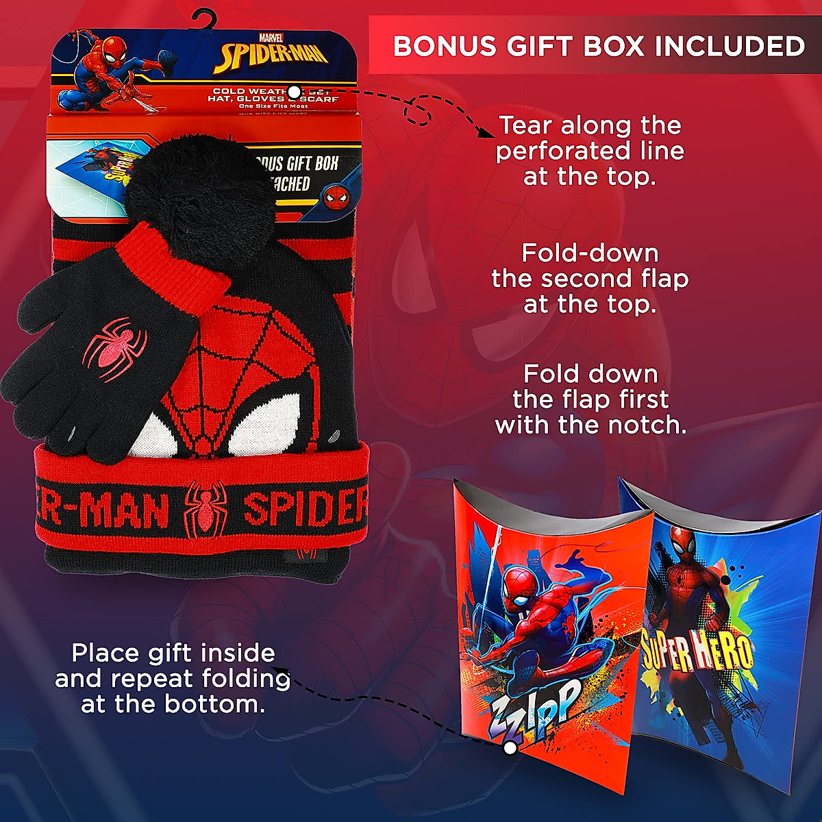 Marvel Spider-Man Kid’s Winter Hat Snow Gloves and Scarf for Boys and Toddlers 3 Pc Set Warm Pom-Pom Beanie with Accessories