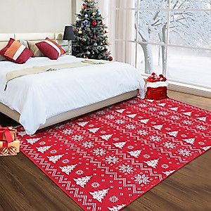 ROYHOME Washable Christmas Area Rug Snowflake and Xmas Tree Boho Area Rugs Carpet Holiday Decorative Carpet Rug Velvet Coffee Table Accent Rug Farmhouse Dining Table Rug Bedroom Decor, 4' x 6'