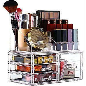 Cq acrylic Makeup Organizer Skin Care Large Clear Cosmetic Display Cases Stackable Storage Box With 5 Drawers For Vanity,Set of 2