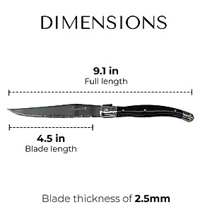 JS Gourmet Steak Knives Set of 4, Forged Stainless Steel, Serrated Steak Knife, Laguiole French Style with Crafted Black Handle, for Meats, Fish, Bread and Cheeses