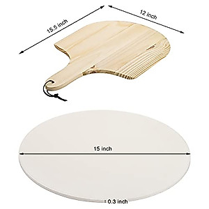 ZENFUN 15'' Round Pizza Stone with Wooden Pizza Paddle, Cordierite Pizza Stone Board for Grill, BBQ, Oven Safe, Baking, Pies, Pastry Bread, Calzone, Thermal Shock Resistant