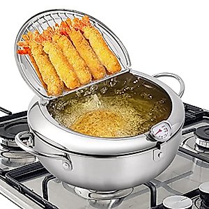 Oxydrily,deep Fryer Pot,304 Stainless Steel with Temperature Control and Lid Japanese Style Tempura Fryer