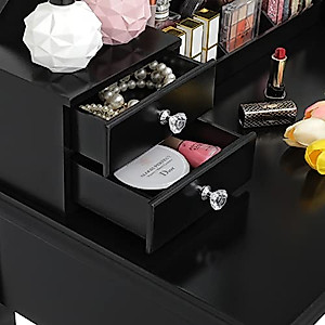 Quimoo Large Vanity Desk with LED Lighted Mirror & Power Outlet,Makeup Vanity Table with 7 Drawers,4 Shelves and 8 Hooks,for Bedroom,Bathroom,Black