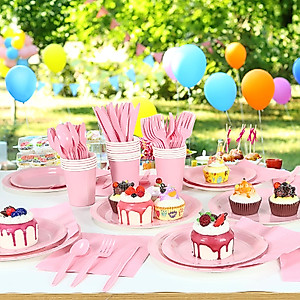 WNINK 168PCS Light Pink Paper Plates and Napkins,Pink Disposable Plates Set with Pink Utensils,Pink Party Decorations for Baby Shower Gender Reveal Women Birthday Party Supplies Serve 24 Guests