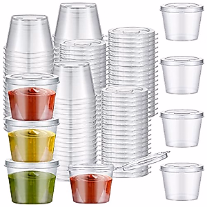 60 Pack Plastic Condiment Souffle Containers with Attached Lids 1 oz, Mini Sauce Cups Jelly Shot Cups Leak Proof Portion Cup Small Disposable Souffle Cups with Lids for Salad Dressing Sauces