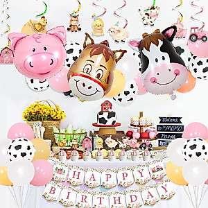 Pink Farm Animals Birthday Decorations for Girls Farmhouse Floral Theme Happy Birthday Banner Cow Pig Donkey Balloons Hanging Swirls Cake Cupcake Toppers for Kids Barnyard Theme Bday Party Supplies