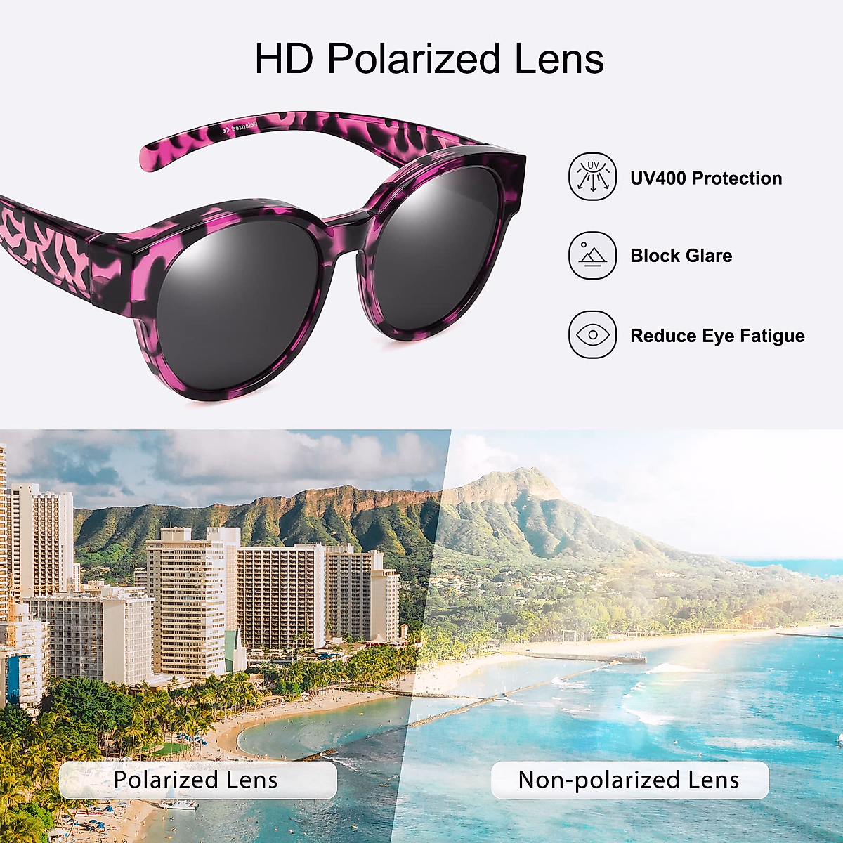 Br’Guras Polarized Oversized Fit over Sunglasses Over Glasses with Cat Eye Frame for Women&Men (Purple leopard, Black)