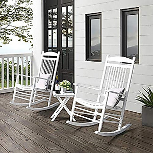 MUPATER Outdoor Rocking Chair Set 3-Piece Patio Wooden Rocker Bistro Set with Foldable Table and Curved Seat, White