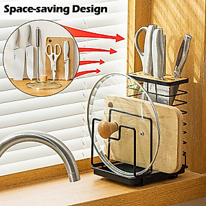 Poeland Cutting Boards Knife Organizer, 3 in 1 Kitchen Organizer Rack, Kitchen Utensils Rack Chopping Boards/Knives/Pot Pan Lid Storage with Drip Tray, Black