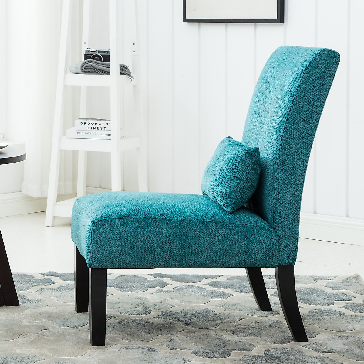 Roundhill Furniture Pisano Teal Blue Fabric Armless Contemporary Accent Chair with Kidney Pillow