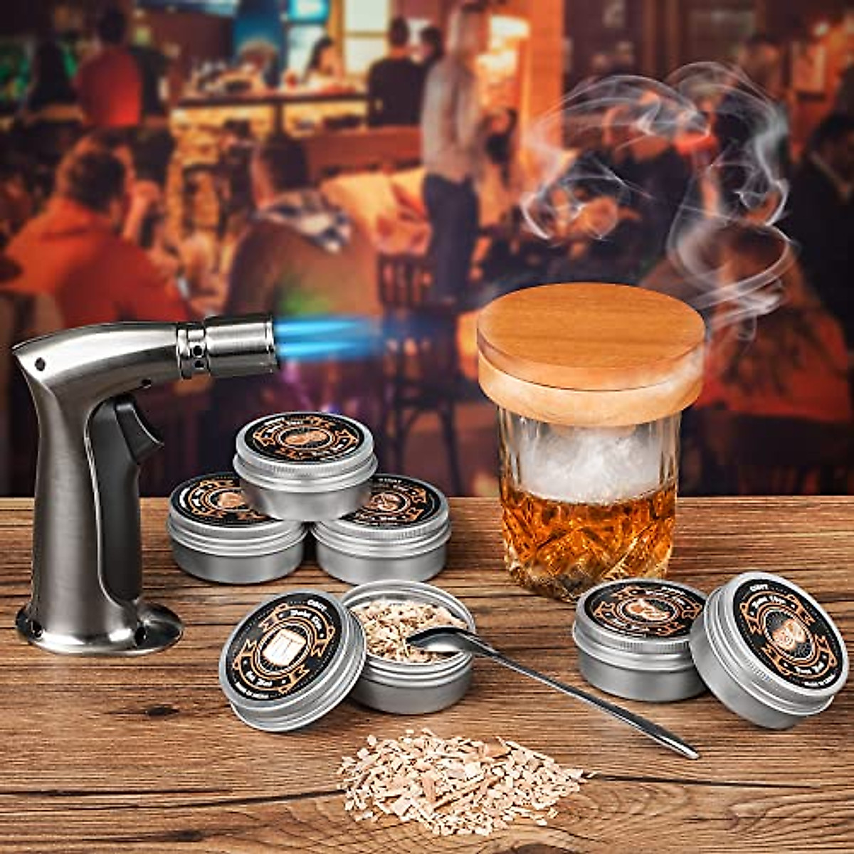 Whiskey Smoker Kit with Torch,Cocktail Smoker,Bourbon Smoker Kit, Old Fashioned Smoker Infuser Kit with 6 Flavour Wood Chips, Drink Smoker Kit, Gifts for Friends, Dad, Bar Whiskey Lovers(No Butane)