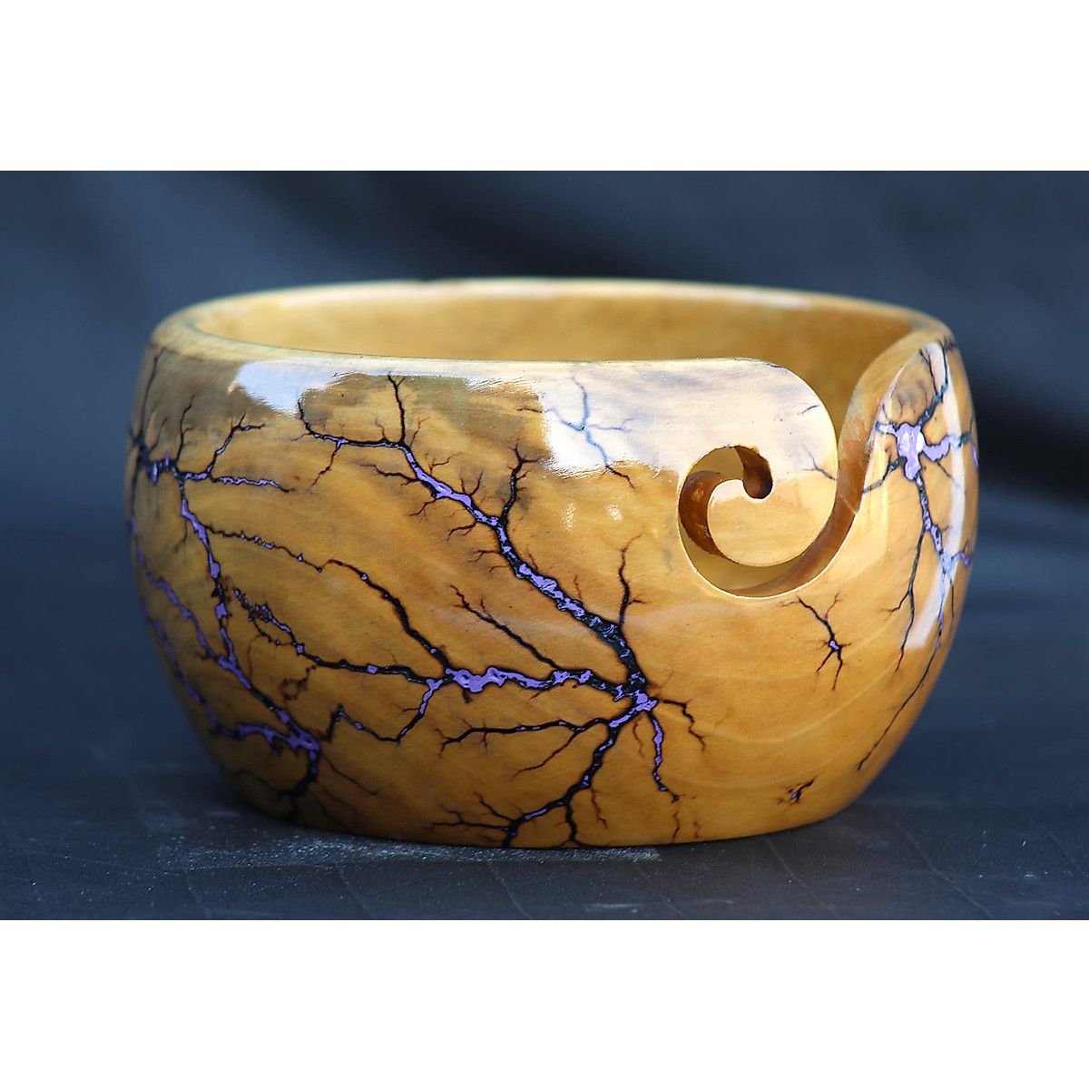 Lichtenberg Figure Yarn Bowl - Handmade Wooden Yarn Bowl for Knitting Yarn Ball Holder - Yarn Bowls with Holes Crochet Bowl Holder - Yarn Storage Bowl 7" x 4" inches (Purple-B)