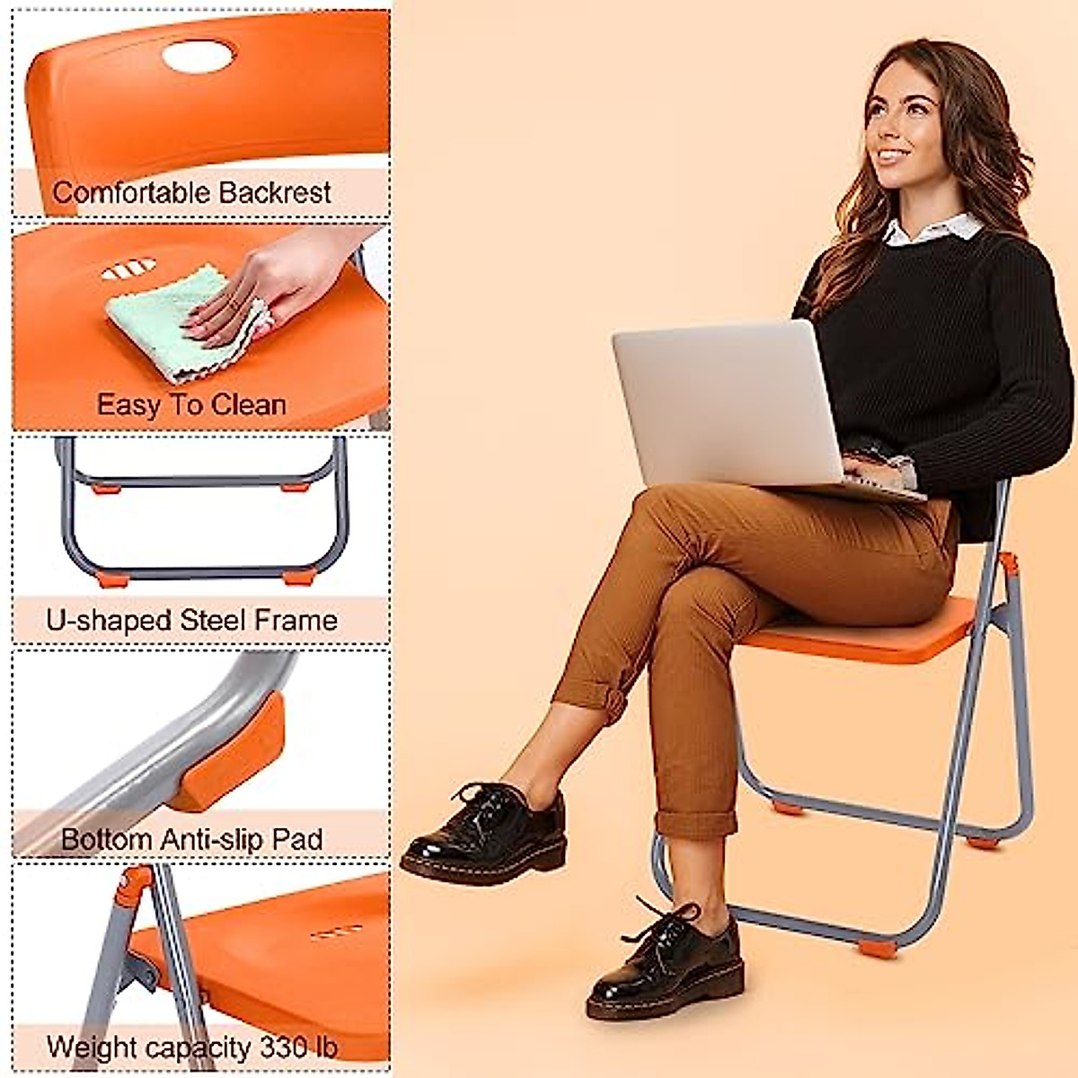 8 Pack Folding Plastic Chairs Pack Steel Folding Dining Chairs Folding Chairs Bulk Fold Up Event Chairs Portable Plastic Chairs with Steel Frame 440lb for Events Office Wedding Indoor Outdoor (Orange)