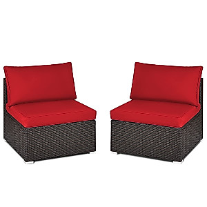 Tangkula 2 PCS Outdoor Wicker Armless Sofa, Patio Rattan Sectional Sofa Set w/2 Thick Seat Cushions and 2 Back Cushions, Additional Seats for Balcony Garden Patio Poolside (Red)