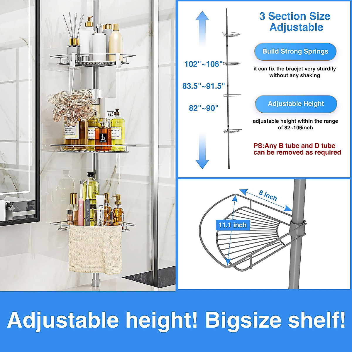 AIYAKA Tension Corner Shower Pole Caddy, Bathroom Storage Organizer, 65 to 106 inch Adjustable Height, with 2 Hooks, Silver