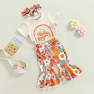 Muasaaluxi Infant Toddler Baby Girl Clothes Groovy One/Two Groovy Romper Tops Flower Flared Pants Bell Bottoms Headband Set (Apricot Two Groovy, 18-24 Months)