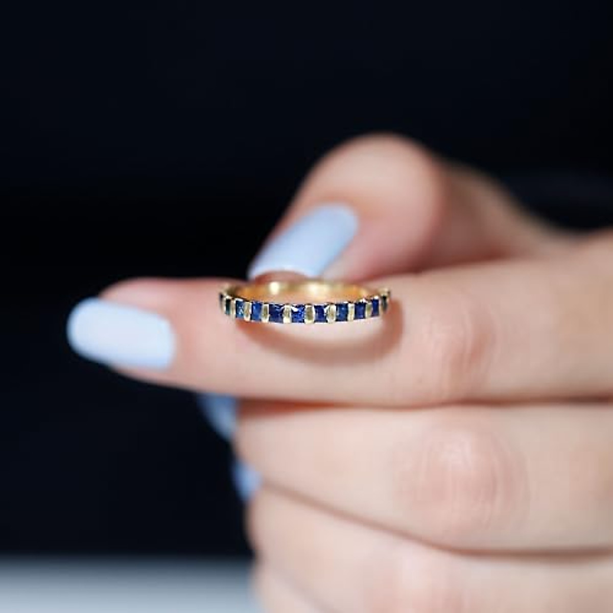 Rosec Jewels Certified Sapphire Half Eternity Band, AAA Quality, Natural Blue Sapphire Princess Cut Wedding Ring - Ready to Gift, 14K Yellow Gold, Size:US 10.00