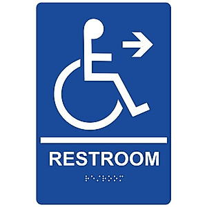 ComplianceSigns.com Accessible Restroom Right Sign, ADA-Compliant Braille and Raised Letters, 9x6 inch Blue Acrylic with Mounting Strips