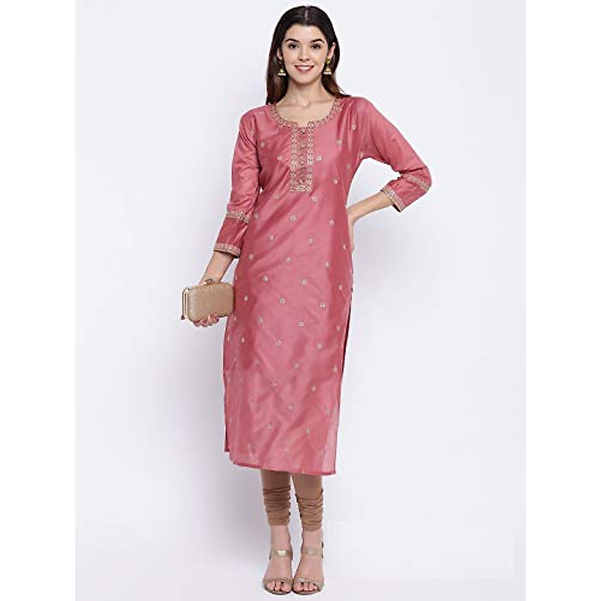 Ziya Designer Straight A-Line Embroidered Chanderi Cotton Kurti for Women (Dark Peach648, 40)