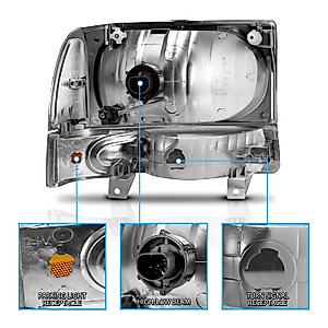 AmeriLite OE Chrome Replacement Headlights 4pcs Set w/Socket Bulb for 1999-04 Ford Excursion/Super Duty F250 F350 F450 F550 Truck - Passenger and Driver Side