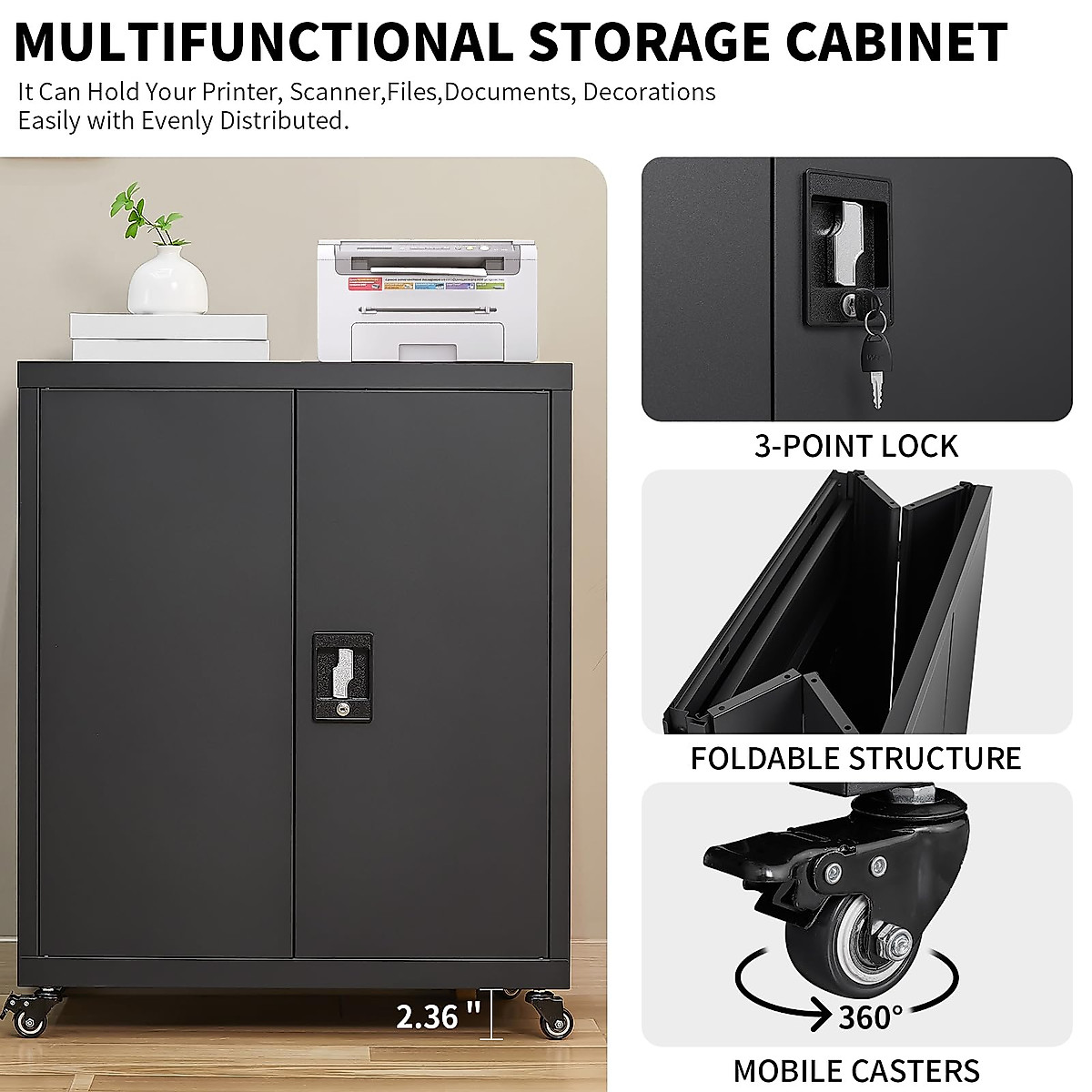 LUCYPAL Metal Storage Cabinet with Wheels,Lockable Steel Storage Cabinet with Doors, Mobile Metal Storage Cabinet with Adjustable Shelf, Metal Filing Cabinet for Home Office,Garage,Black