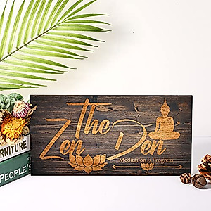 Blulu Zen Decor The Zen Den Lotus Wood Sign 11.8 x 5.9 Inch Zen Room Decor Meditation in Progress Wall Hanging Sign with Hooks Inspirational Wooden Door Plaque for Yoga Studio Bedroom Decoration
