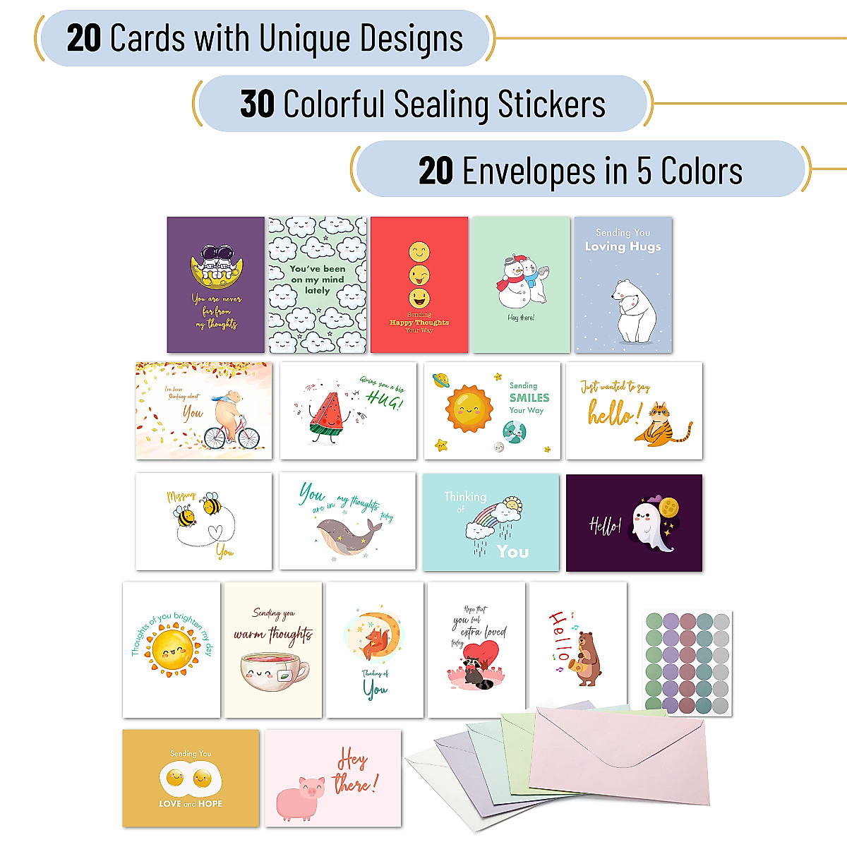 Mr. Pen- Thinking of you cards with envelopes, 20 Unique Design, Large 5”x7”, Thinking of You Card, Blank Inside, Greeting Cards Thinking of you, Encouragement Cards, Note Cards with Envelopes