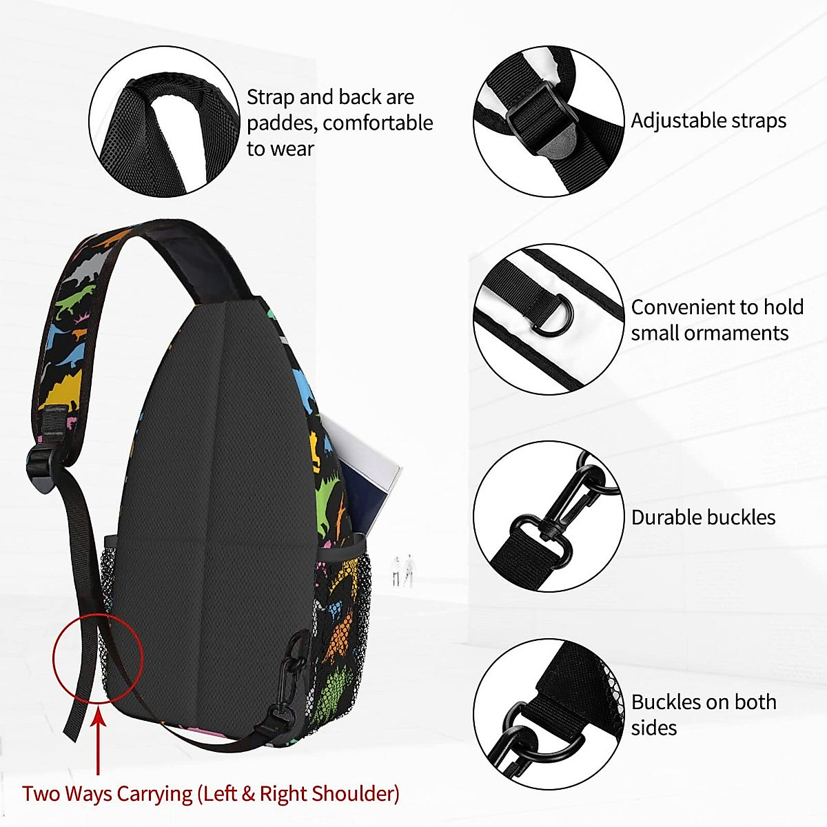 NiuKom Colorful Dinosaur Sling Backpack Crossbody Sling Bag for Women Men Shoulder Bag Travel Hiking Daypack