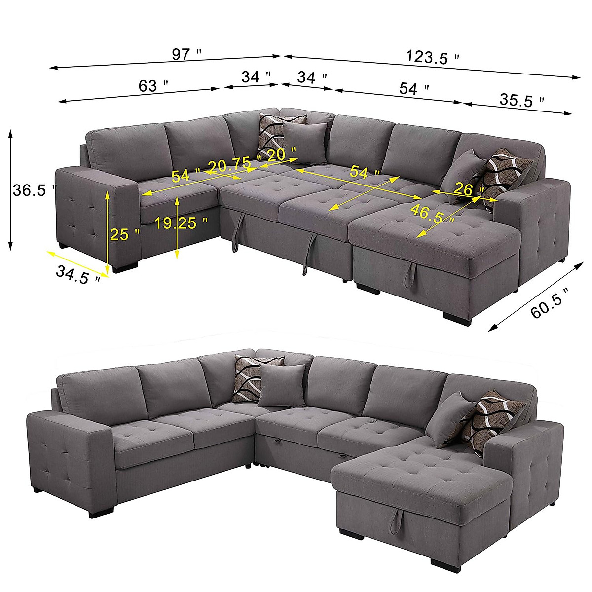 THSUPER Sectional Sleeper Sofa Couch Pull Out Bed with Storage Chaise, U Shape Oversized Sectionals Couches for Living Room, 6 Seater Gray