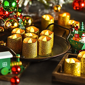 Honoson 24 Pack Gold Candles Party Decoration Flameless Candles LED Tea Light Candles Battery Operated Candle Fake Candle for Halloween Christmas Valentine's Day Diwali Wedding Table Decor