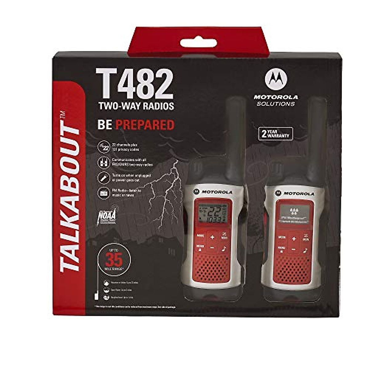 Motorola Solutions, Portable FRS, T482, Talkabout, Two-Way Radios, Red Cross, Emergency Preparedness, Rechargeable, 22 Channel, 35 Mile, White W/Red, 2 Pack