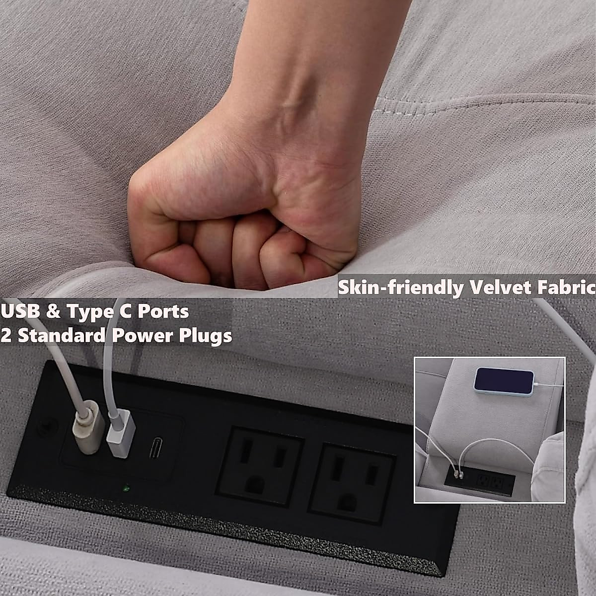 Generic Loveseat Sofa with Storage Ottoman & Console Cupholders, 2 Seater Modular Couch with Charging Station Modern Velvet Small Sectional Couch for Aparment,Home Office, Light Grey, F8001LIST