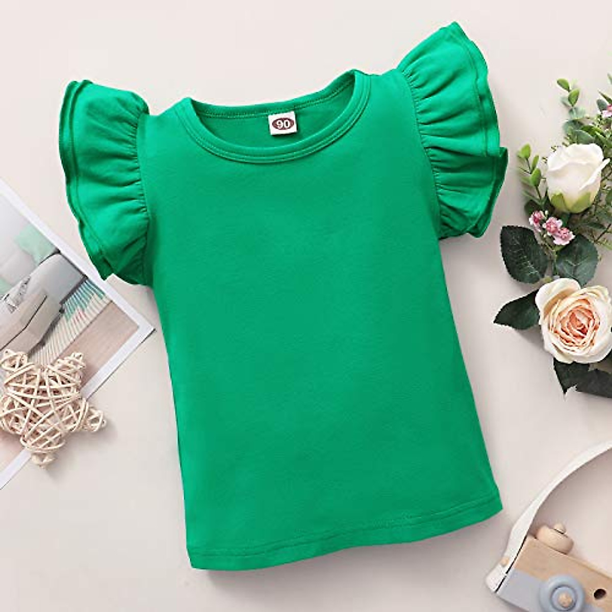 LYSMuch Toddler Baby Girls Ruffle Sleeve Shirt Plain Solid Sleeveless Tshirt Top Blouse Kids Casual Clothes(Green, 3-4T)