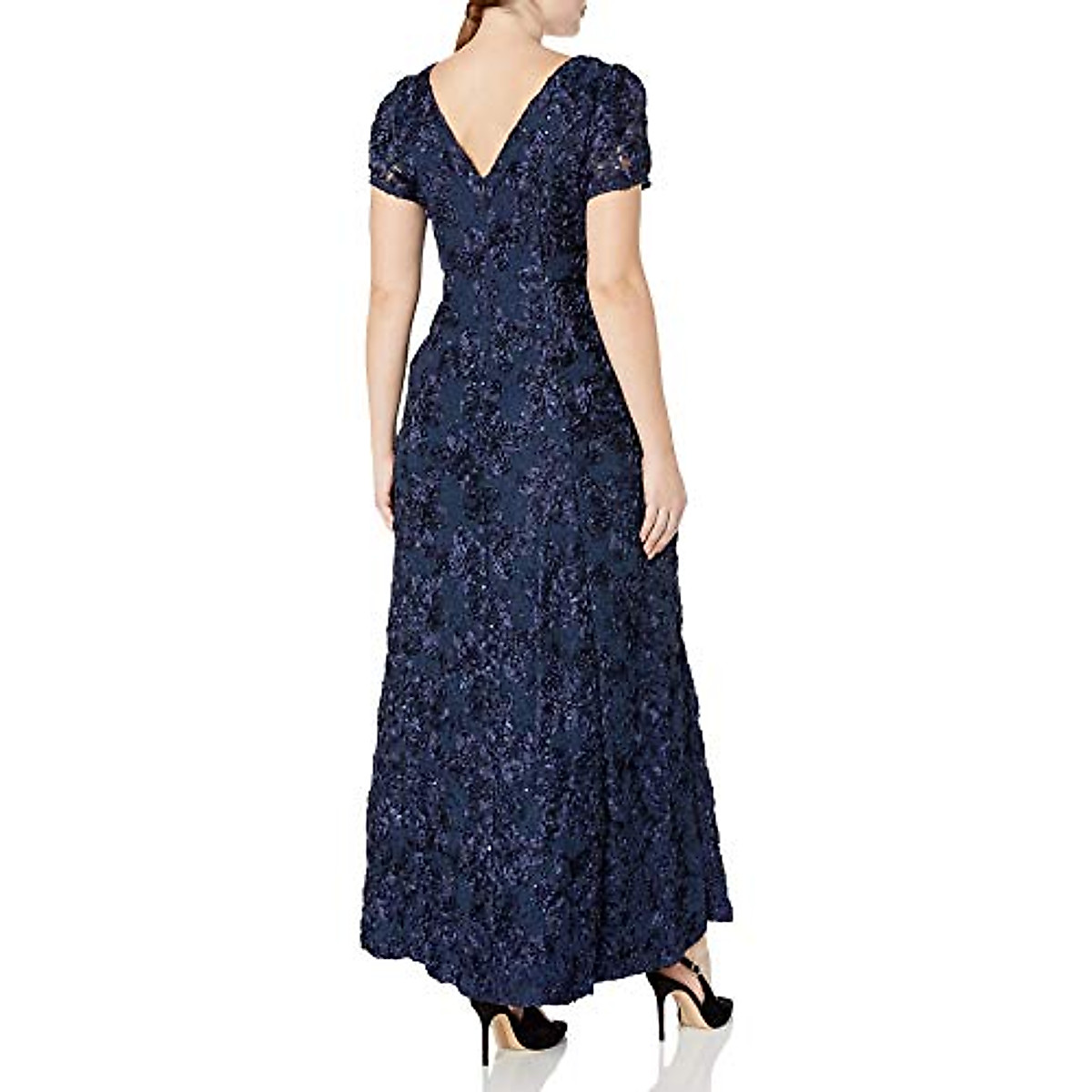 Alex Evenings Women's Plus-Size Long A-Line Rosette Dress with Short Sleeves, Navy, 16W