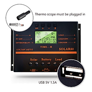 Fuhuihe Solar Charge Controller 80A, Battery Charge Regulator Auto 960W / 1920W 12V / 24V with LCD Display Mobile Power Supply Charger 5V USB Enhanced Heat Sink (80A)