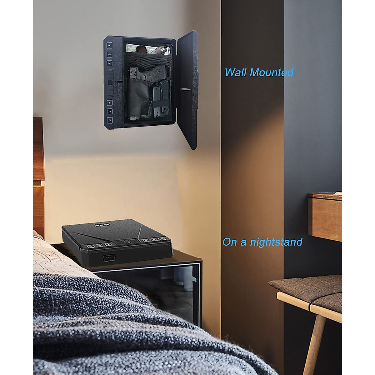 Biometric Gun Safe for Pistols, Wall Mounted Fingerprint Handgun Safe Lock Box for Bedside Car Nightstand Drawer Closet -with Security Cable/Light/Safe Organizer