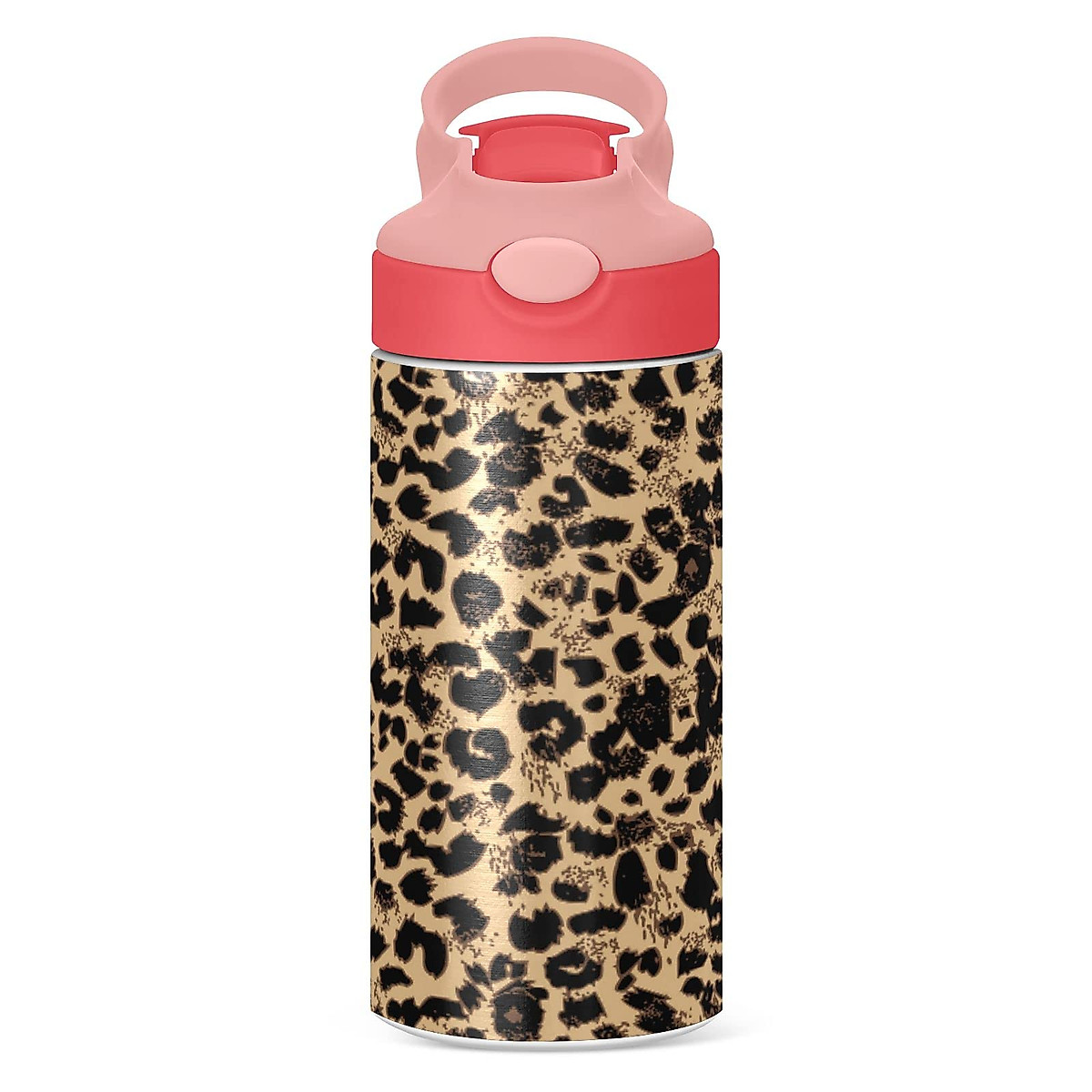 MCHIVER Leopard Print Kids Water Bottle with Straw Insulated Stainless Steel Kids Water Bottle Thermos for School Girls Boys Reusable Tumbler 12 oz / 350 ml Pink Top