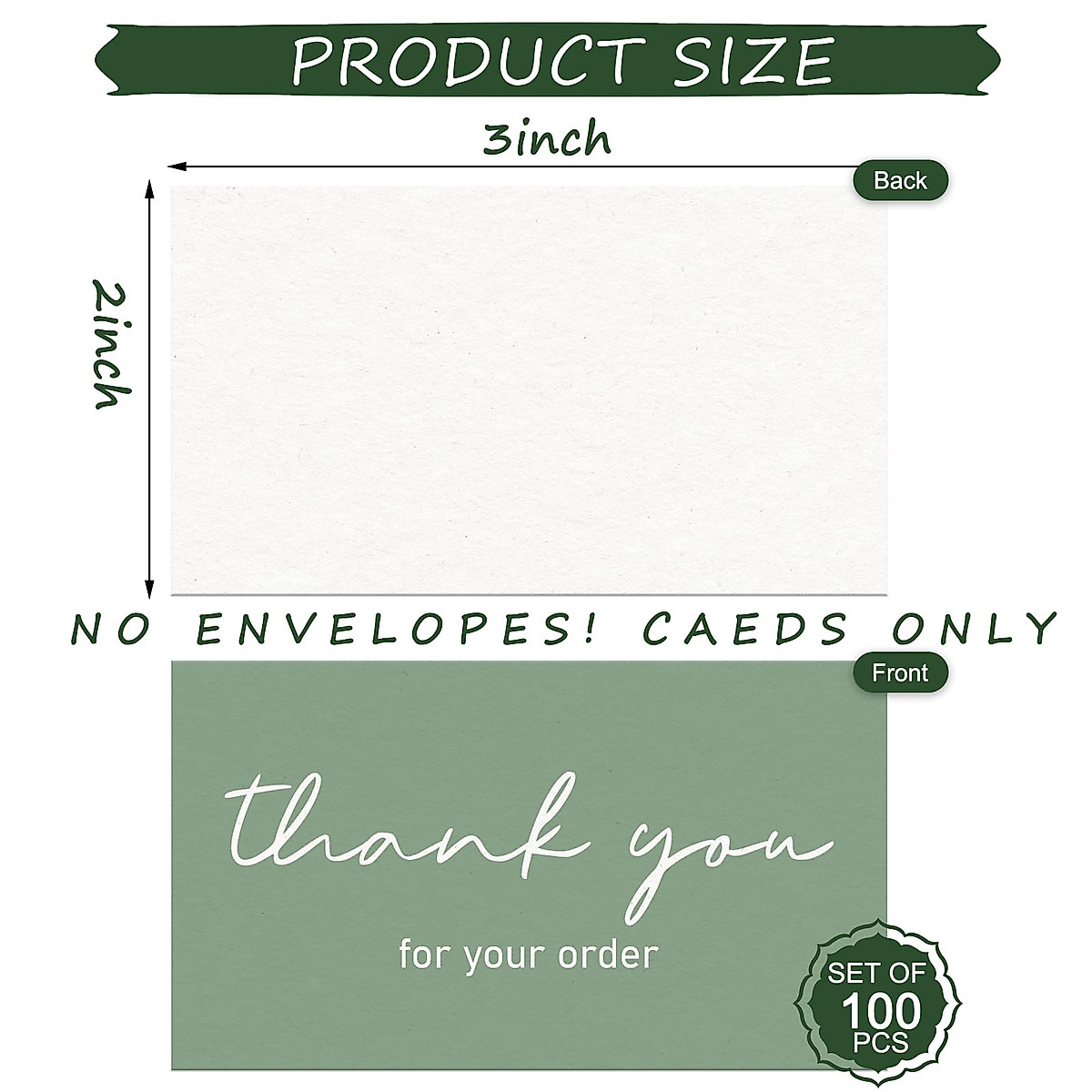 Whaline 100Pcs Mini Thank You Cards Sage Green Thank You for Your Order Cards Thank You Notes for Small Business Stores Restaurants, 2 x 3.5 Inch