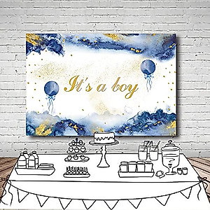 MEHOFOND 7x5ft Royal Blue Watercolor Baby Shower Backdrop for Boys Oh Baby Blue Watercolor Clouds Gold Glitter Baby Shower Photography Background It's A Boy Party Banner Photoshoot Props