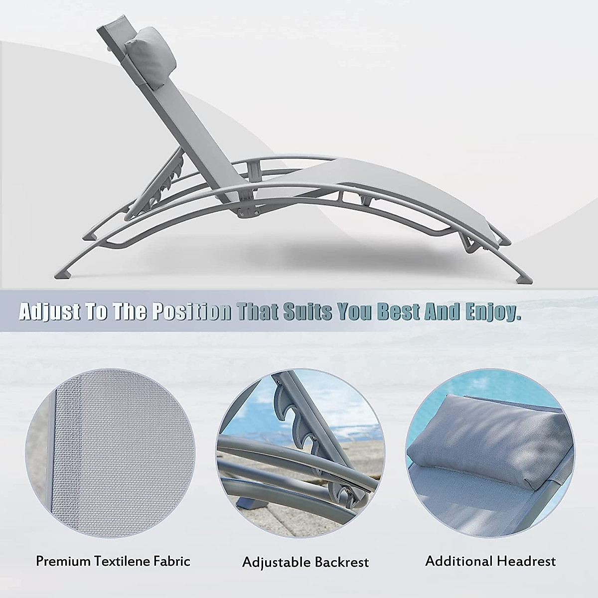 Domi Outdoor Chaise Lounge Set of 3 Patio Recliner Chairs with Adjustable Backrest and Removable Pillow for Indoor&Outdoor Beach Pool Sunbathing Lawn Gray