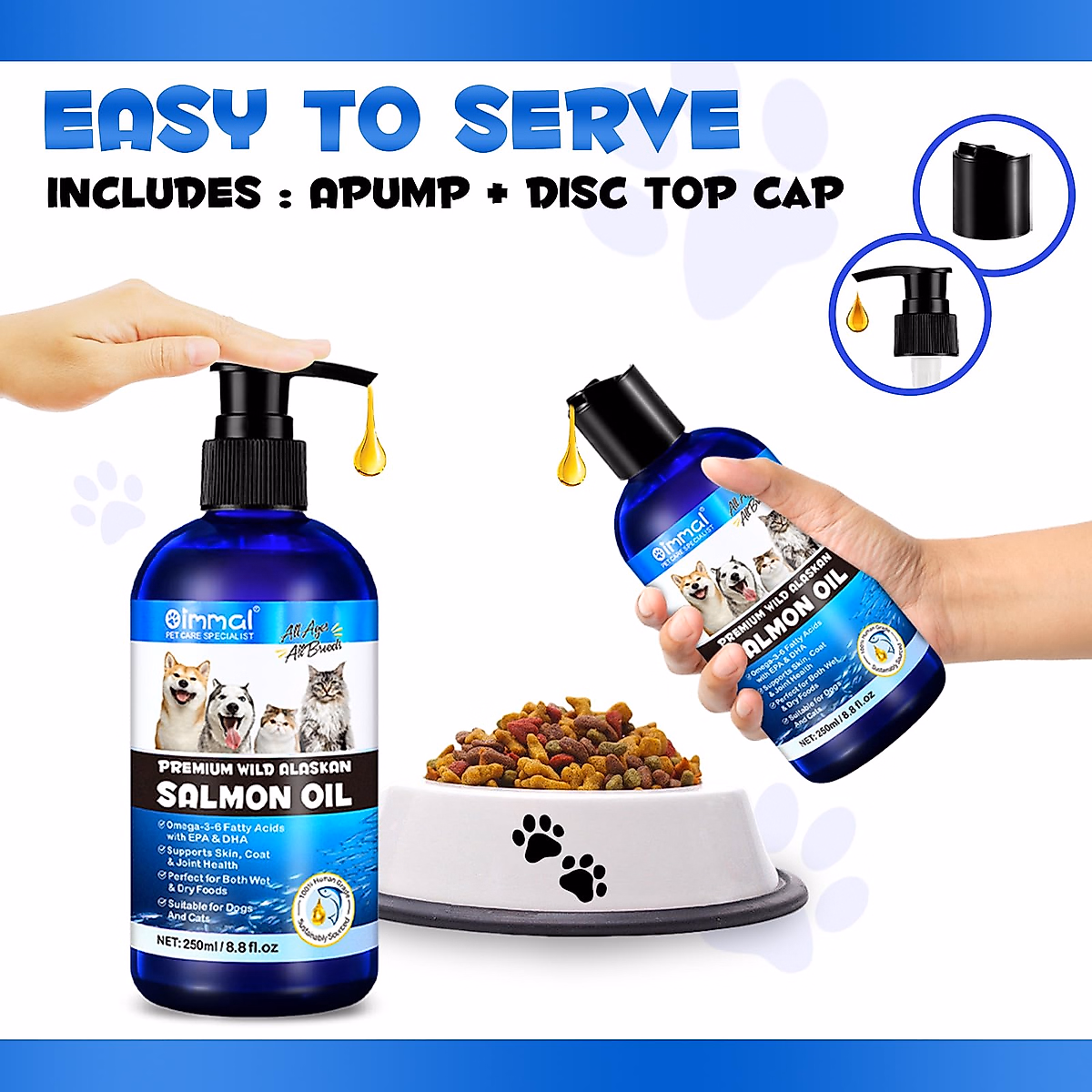Salmon Oil for Dogs & Cats, Omega 3 Fish Oil for Dog's Skin and Coat, Natural EPA + DHA Fatty Acids for Joint Function, Immune & Heart Health, Wild Alaskan Salmon Oil 250ml for All Ages & All Breeds.