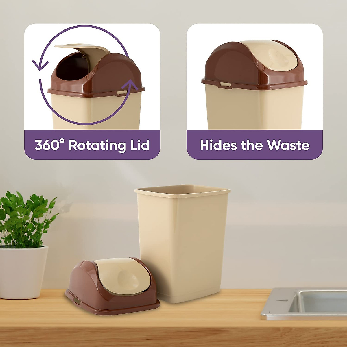 Superio 1.25 Gal Mini Plastic Trash Can with Swing Top Lid Small Waste Bin for Countertop, Desk, Vanity, Bathroom 5 Quart (Beige/Brown)