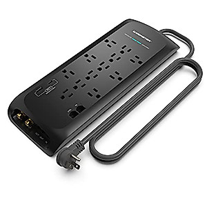 Monster Black Heavy Duty Surge Protector Power Strip 6 ft Cord with 12 120V-Outlet Extension, 2 Ethernet Switch Ports, 4050J Rating, 1 USB-A, and 1 USB-C Charging Ports – Ideal for Computers & Offices