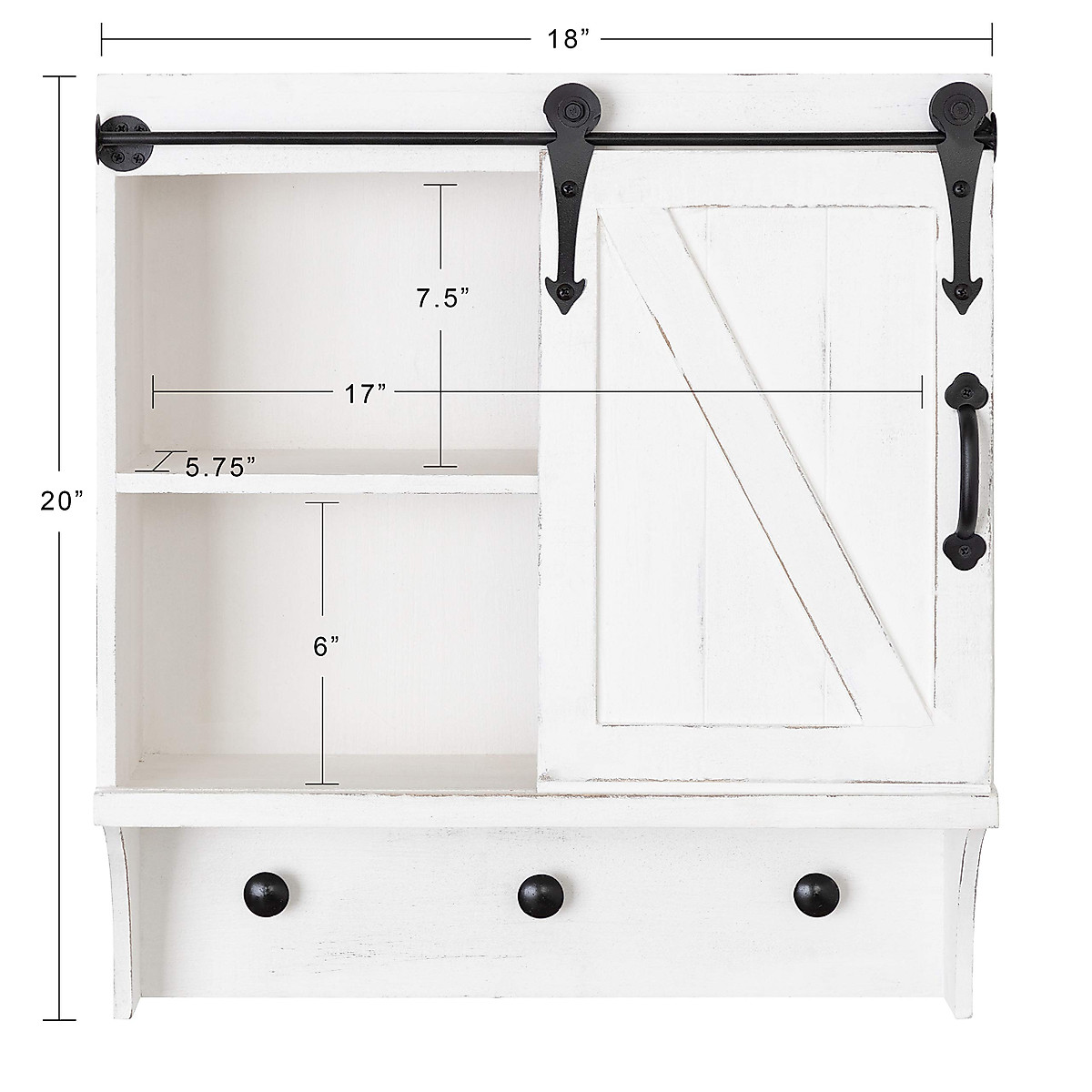 Kate and Laurel Cates Decorative Farmhouse Cabinet Wall Organizer with Sliding Barn Door and 3 Knobs, 18 x 8 x 20, White, Shabby-Chic Farmhouse-Inspired Mail and Key Holder for Wall