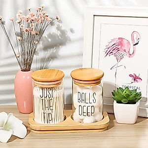Funny Qtip Holder Dispenser 2 Pack Glass Apothecary Jars Bathroom Canisters with Tray, Cotton Ball Qtip Holder Bathroom Set with Bamboo Lids for Cotton Swab Farmhouse Bathroom Storage Organization