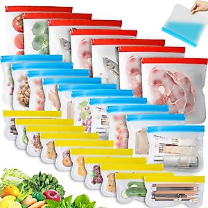 27 Pack Reusable Food Storage Bags BPA FREE,Leakproof Silicone Freezer Bags for Lunch Marinate Food Travel - 7 Gallon 10 Sandwich 10 Snack Bags